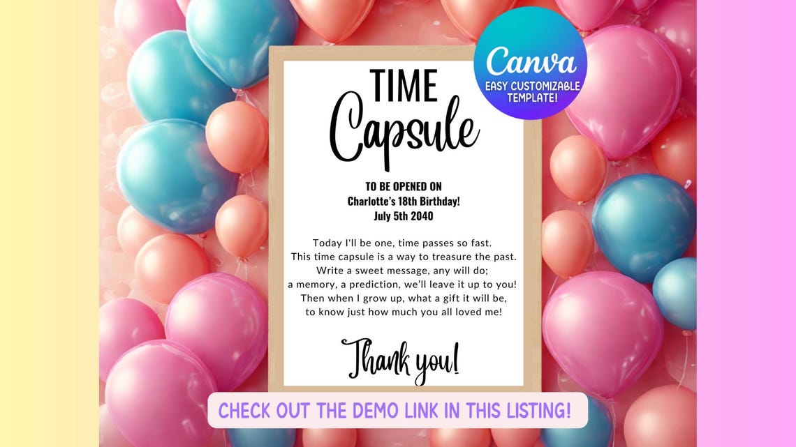Editable Time Capsule Sign Template | First Birthday Party Digital ...