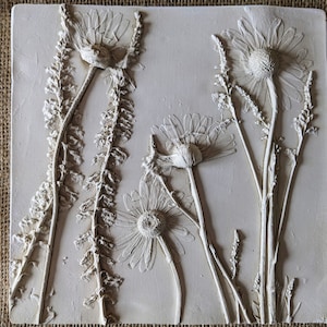 Wildflower Bas Relief, Bas Relief, Plaster Cast Tile, Botanical Art ...