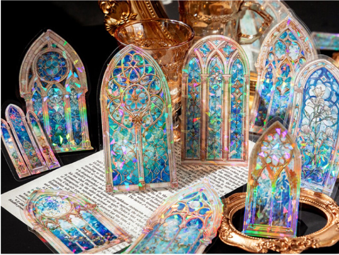 10 Pcs Stained Glass Windows Plastic Stickers // Blue, Yellow, Red ...