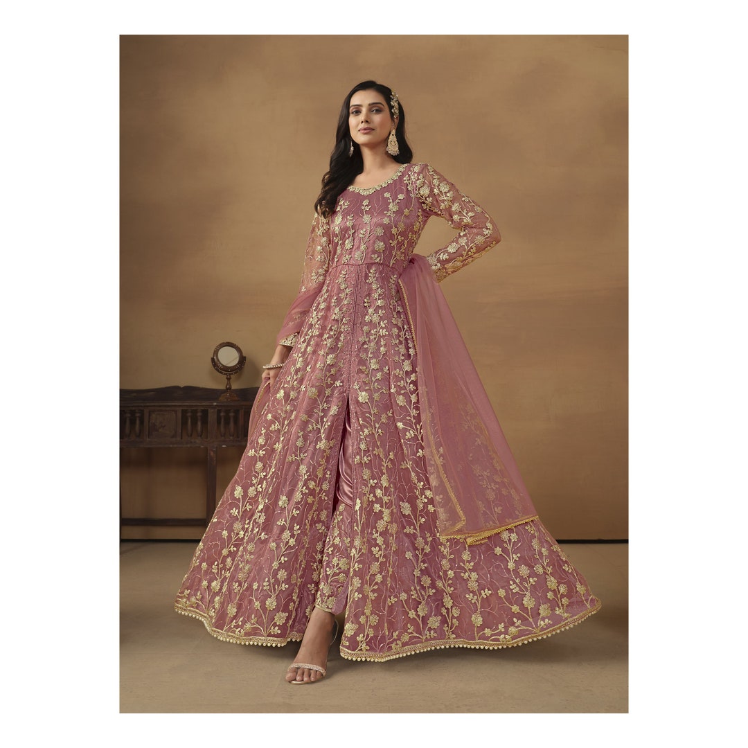 Dusty Pink Net Embroidered Slit Anarkali Suit, Party Wear Dress, Indian ...