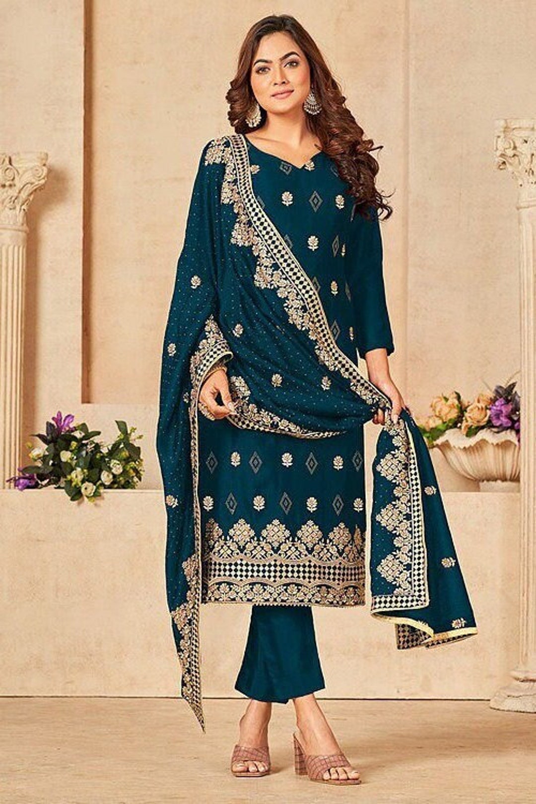 Firozi Color Embroidered Swarovski Diamond Work Salwar Kameez Suit ...