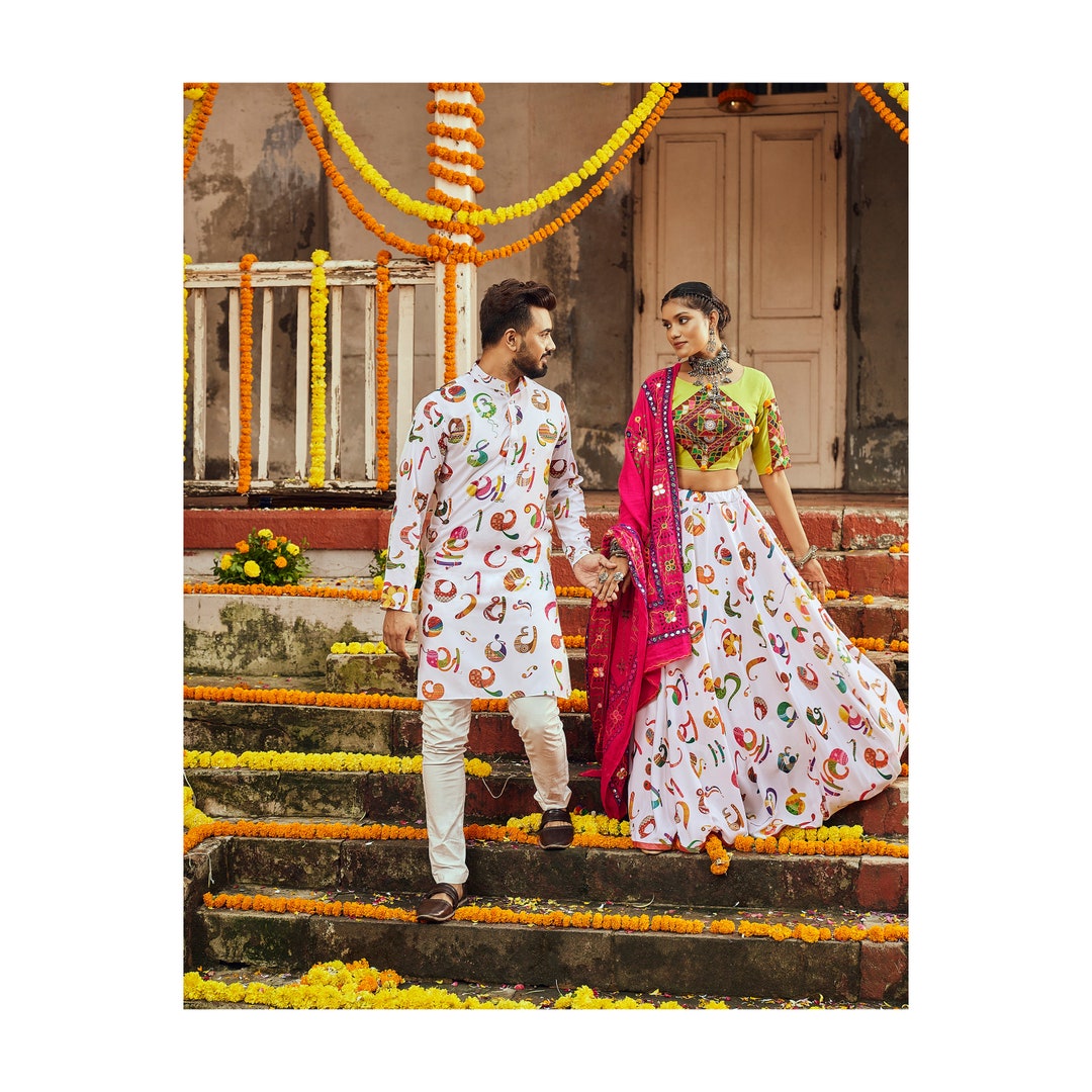 Navratri White Couple Matching Set, Maslin Cotton Digital Printed ...