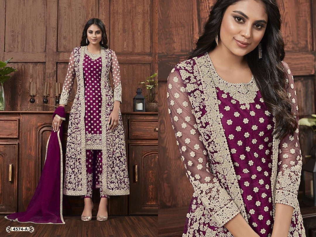 Purple Heavy Embroidered Salwar Kameez Shrug Suit, Indian Pakistani ...