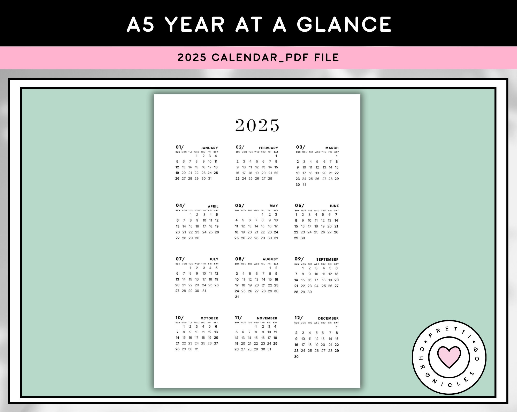 2025 Printable, Year at a Glance Calendar,minimalist - Etsy