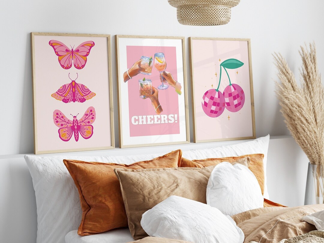 Pink Preppy Bar Cart Wall Art Set of 3 Prints, Preppy Room Decor for ...