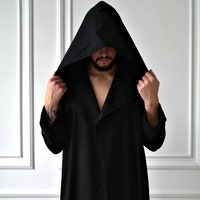 Mens Hooded Cardigan, Long Line Cloak Robe, Soft Waffle Knit With ...