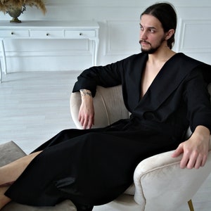 Mens Linen Robe, Linen Robe for Men, Hooded Black Robe, Black Hoodie ...