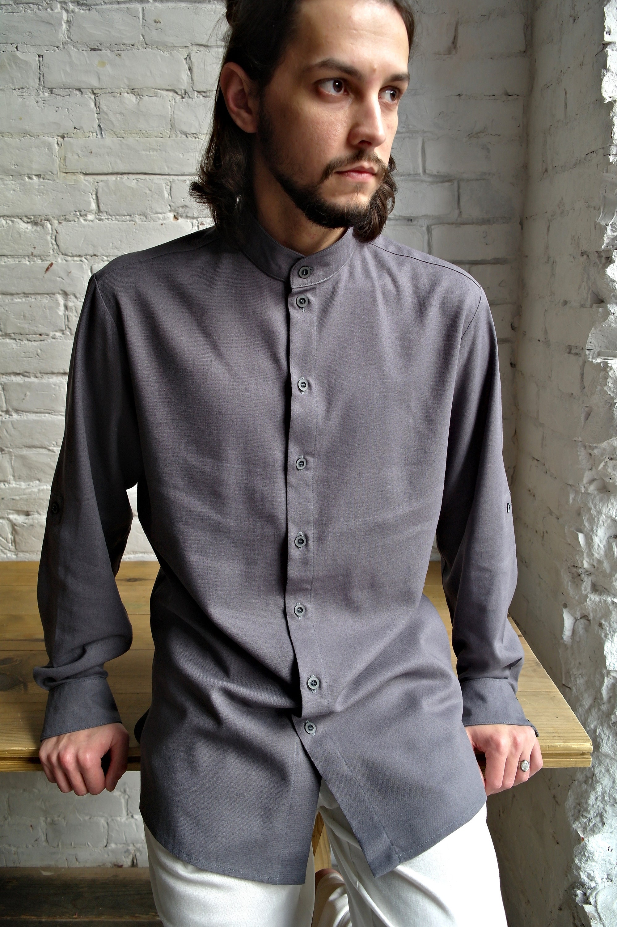 HANDMADE LINEN SHIRT Linen shirt men Band collar shirt | Etsy