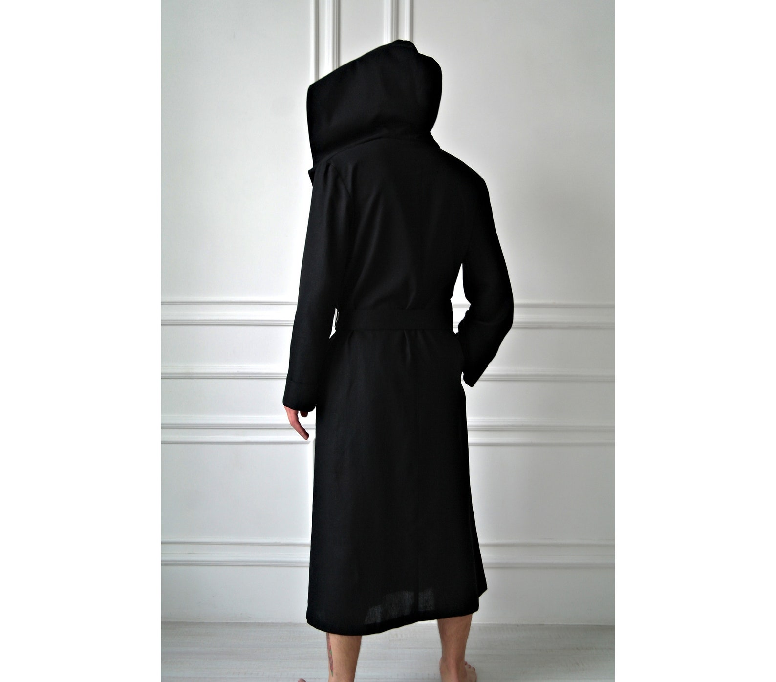 Mens Linen Robe, Linen Robe for Men, Hooded Black Robe, Black Hoodie ...