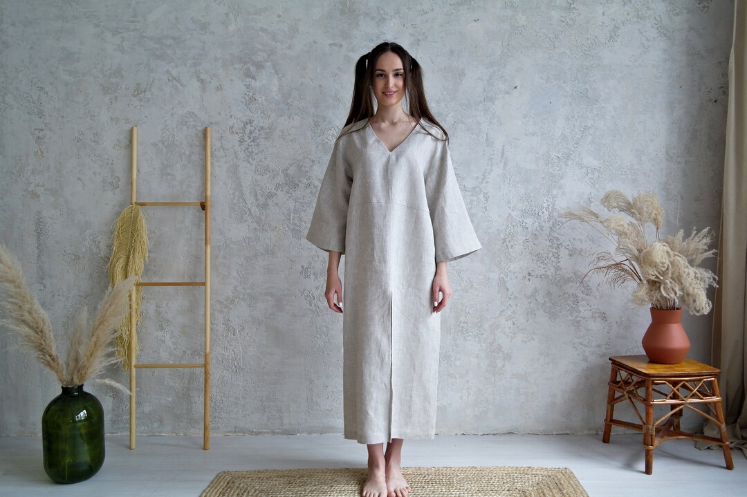 Pure LINEN DRESS, Linen Tunic Dress, Linen Kaftan, Maxi Linen Dress ...