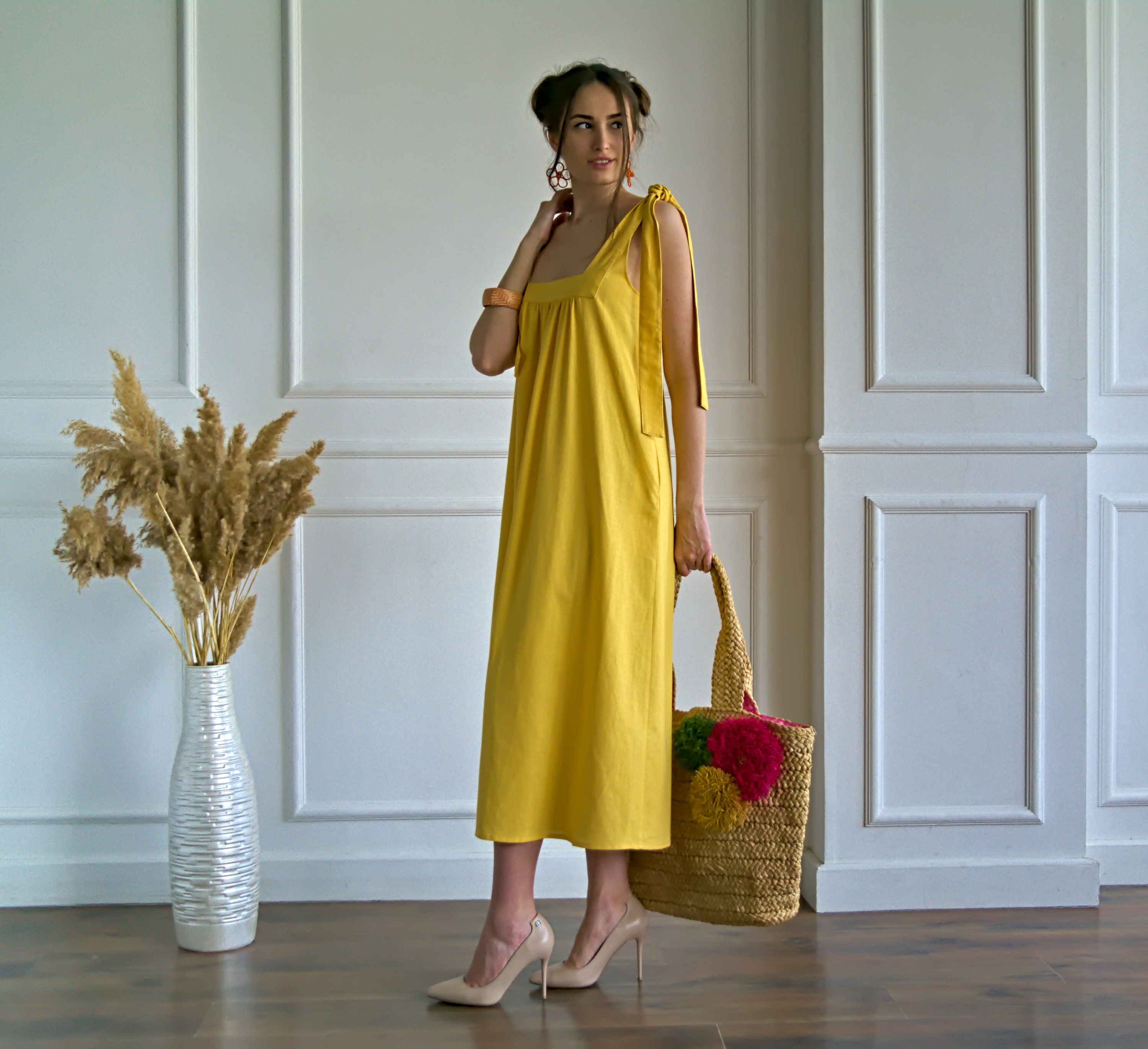 Yellow maxi linen sundress backless sundress wide strap slip | Etsy