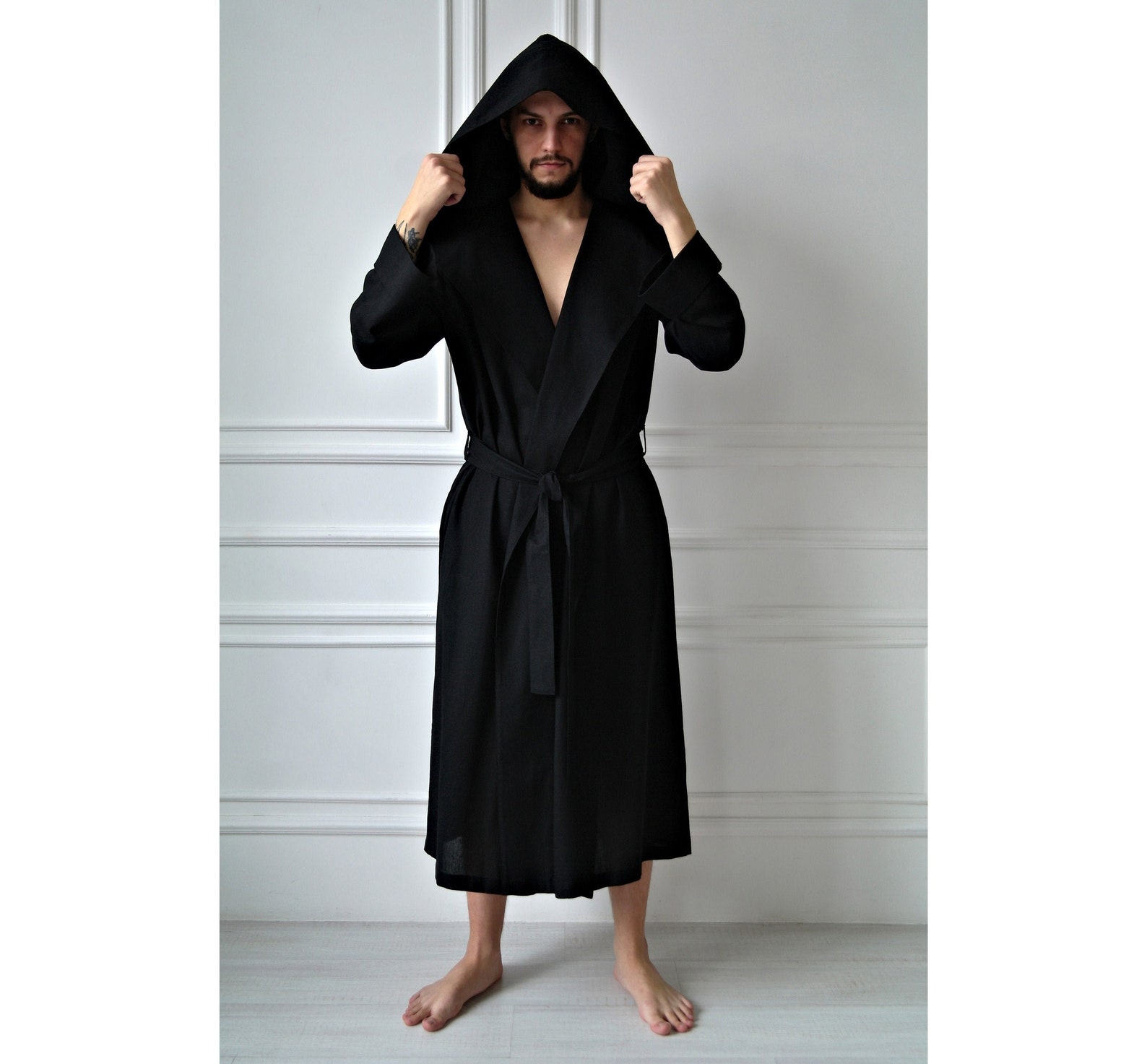 Mens Linen Robe, Linen Robe for Men, Hooded Black Robe, Black Hoodie ...