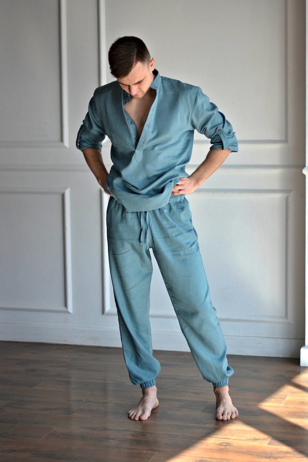 MEN LINEN SET: Band Collar Shirt With Roll-up Sleeves, Tapered Linen ...