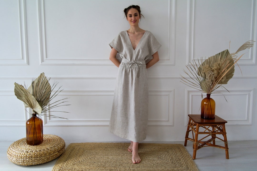 Pure Undyed LINEN DRESS, Linen Tunic Dress, Linen Kaftan, Maxi Linen ...