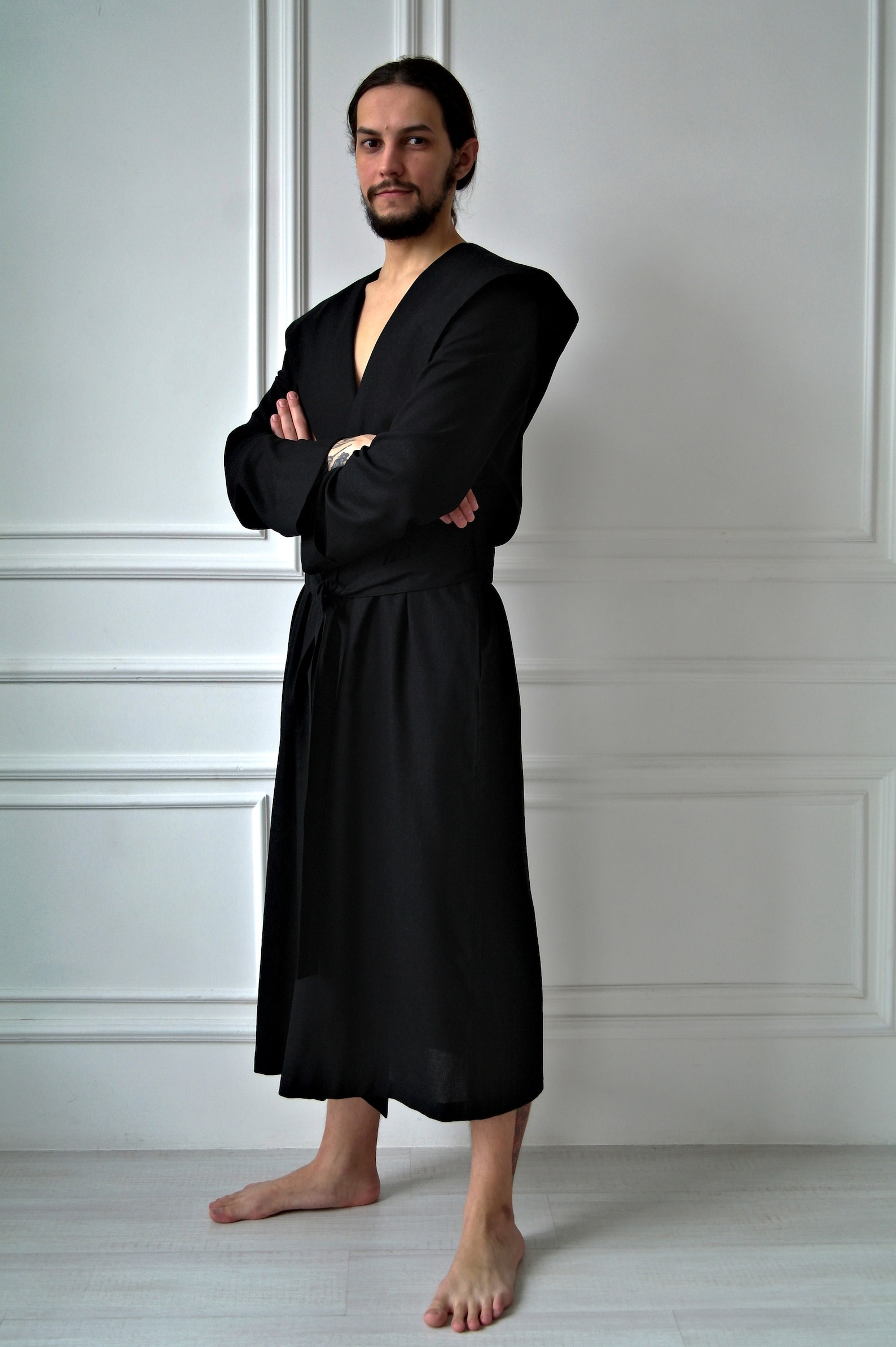 Mens Linen Robe, Linen Robe for Men, Hooded Black Robe, Black Hoodie ...