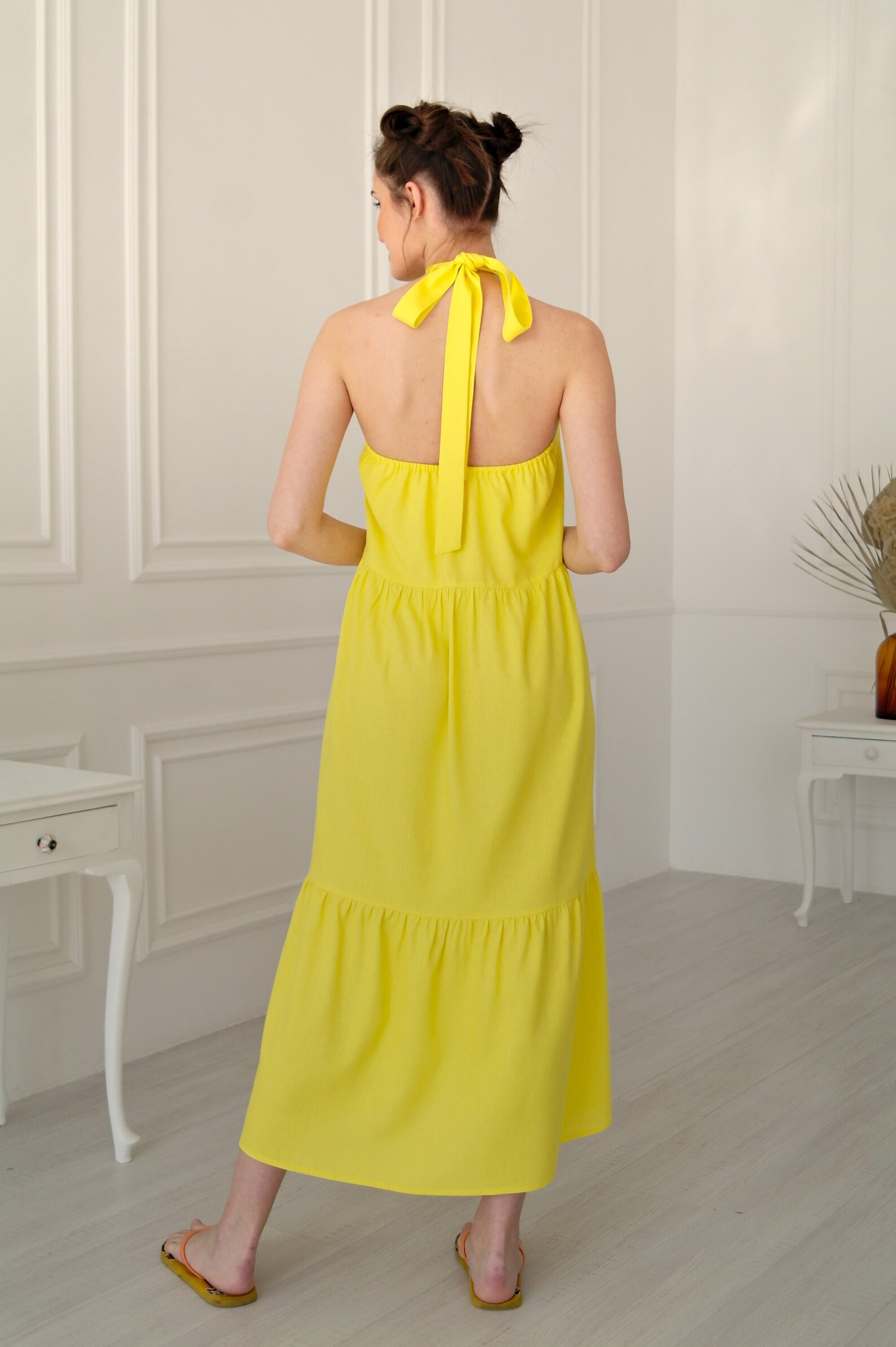 BACKLESS Yellow LINEN Sundress Open Back Dress Linen Strap - Etsy