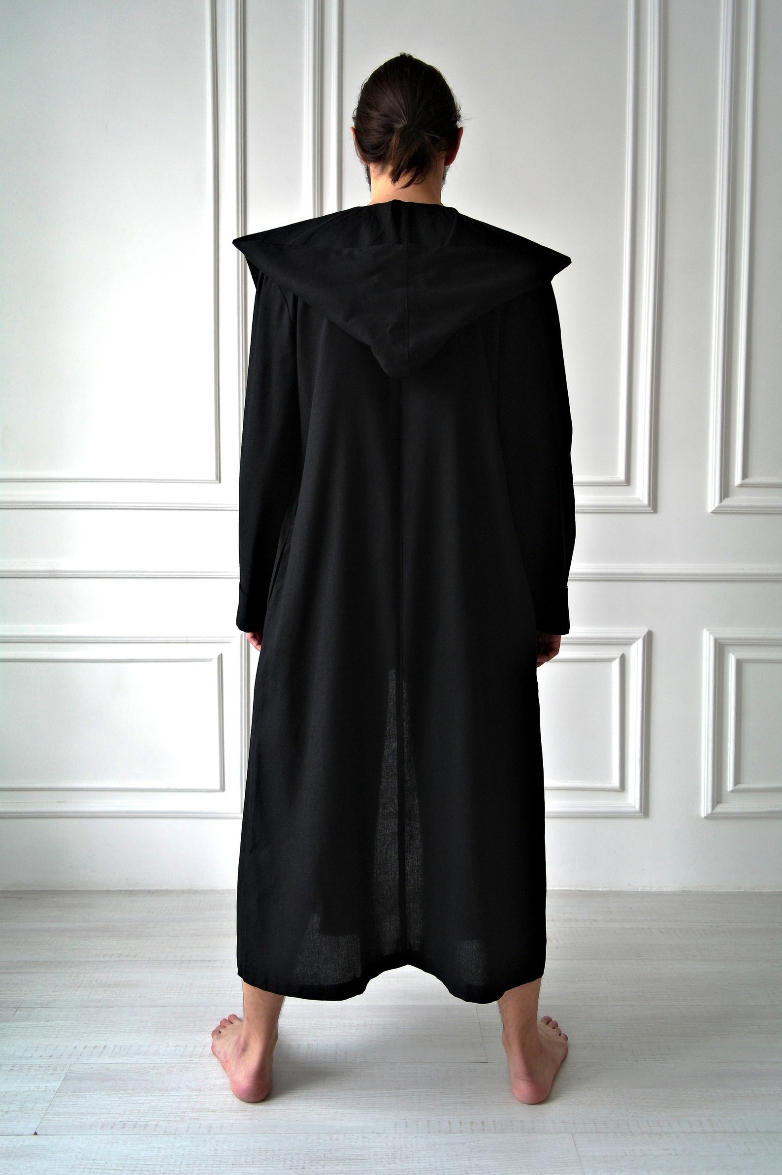 Mens Linen Robe, Linen Robe for Men, Hooded Black Robe, Black Hoodie ...