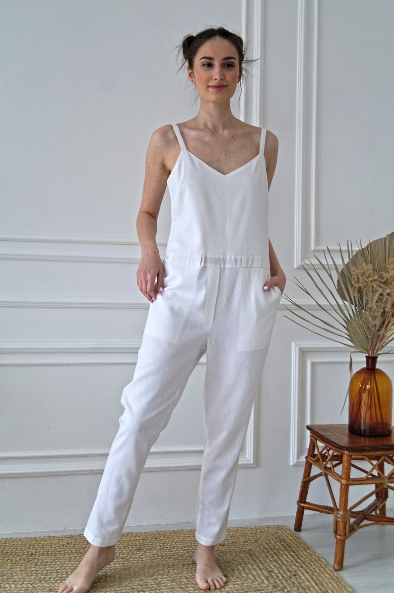 White LINEN Strap Jumpsuit Linen Jumpsuit Women Womens Linen - Etsy
