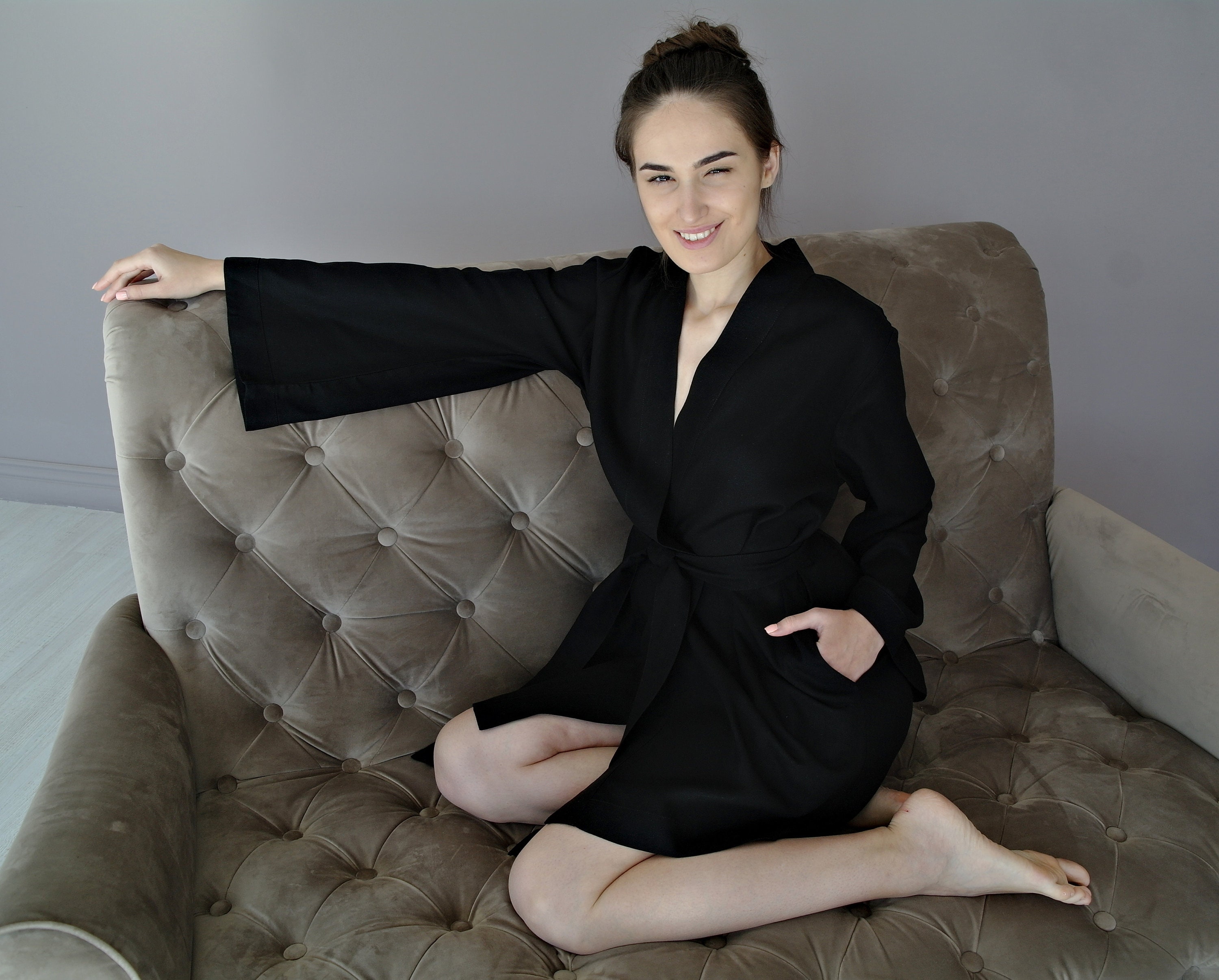 LINEN ROBE WOMEN Women's Linen Robe Black Robe Short | Etsy