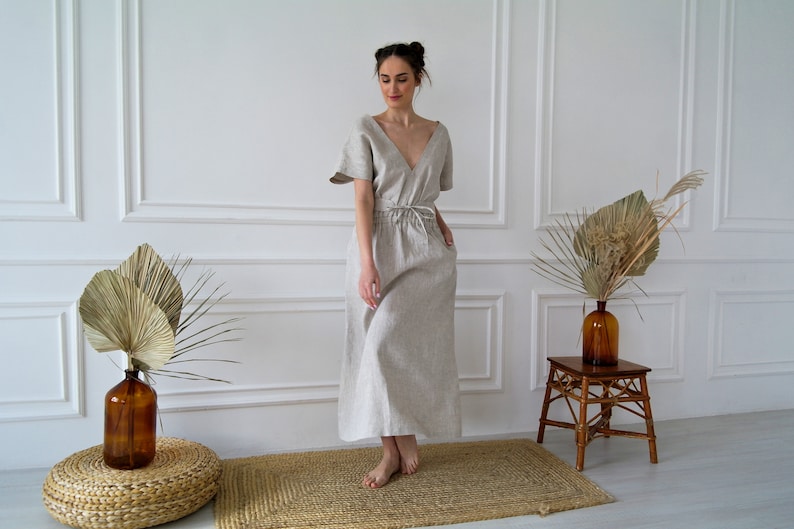 Pure Undyed LINEN DRESS Linen Tunic Dress Linen Kaftan Maxi - Etsy