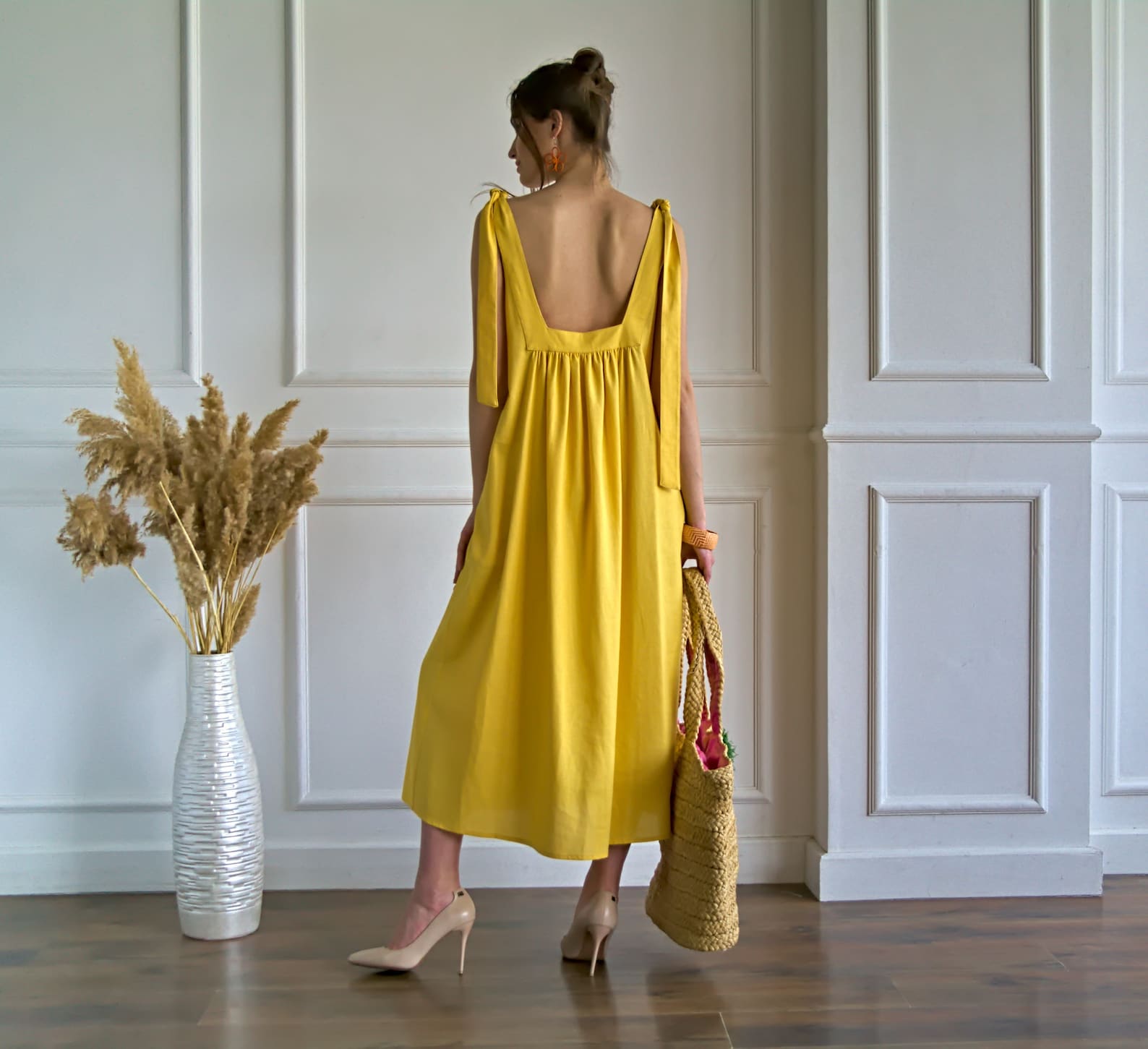 Yellow Maxi Linen Sundress, Backless Sundress, Wide Strap Slip Dress ...