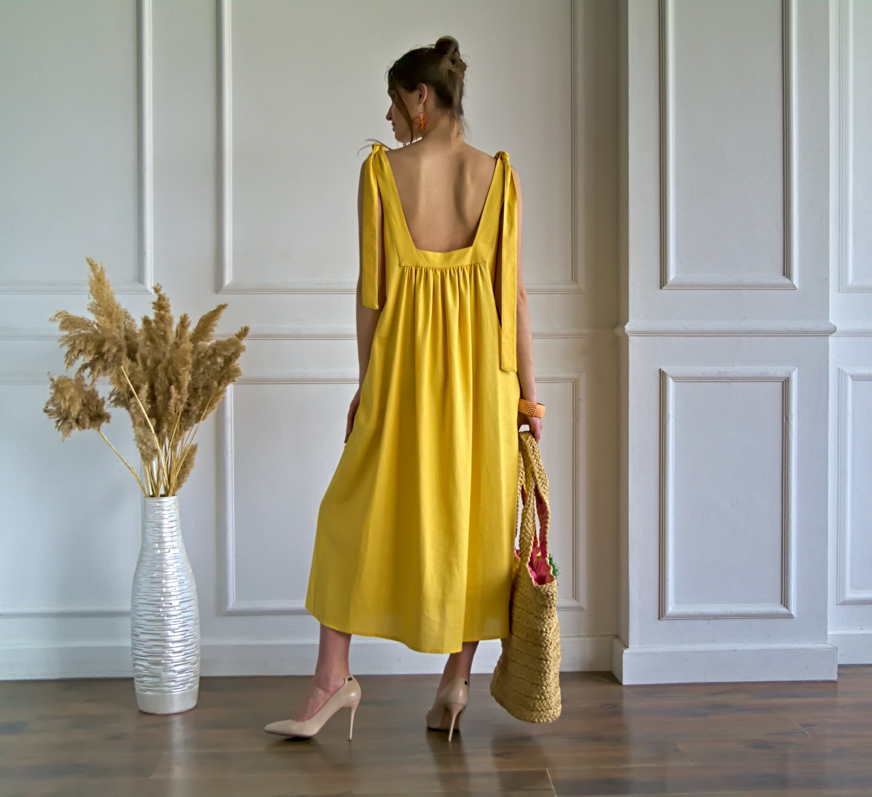 Yellow Maxi Linen Sundress Backless Sundress Wide Strap Slip - Etsy ...