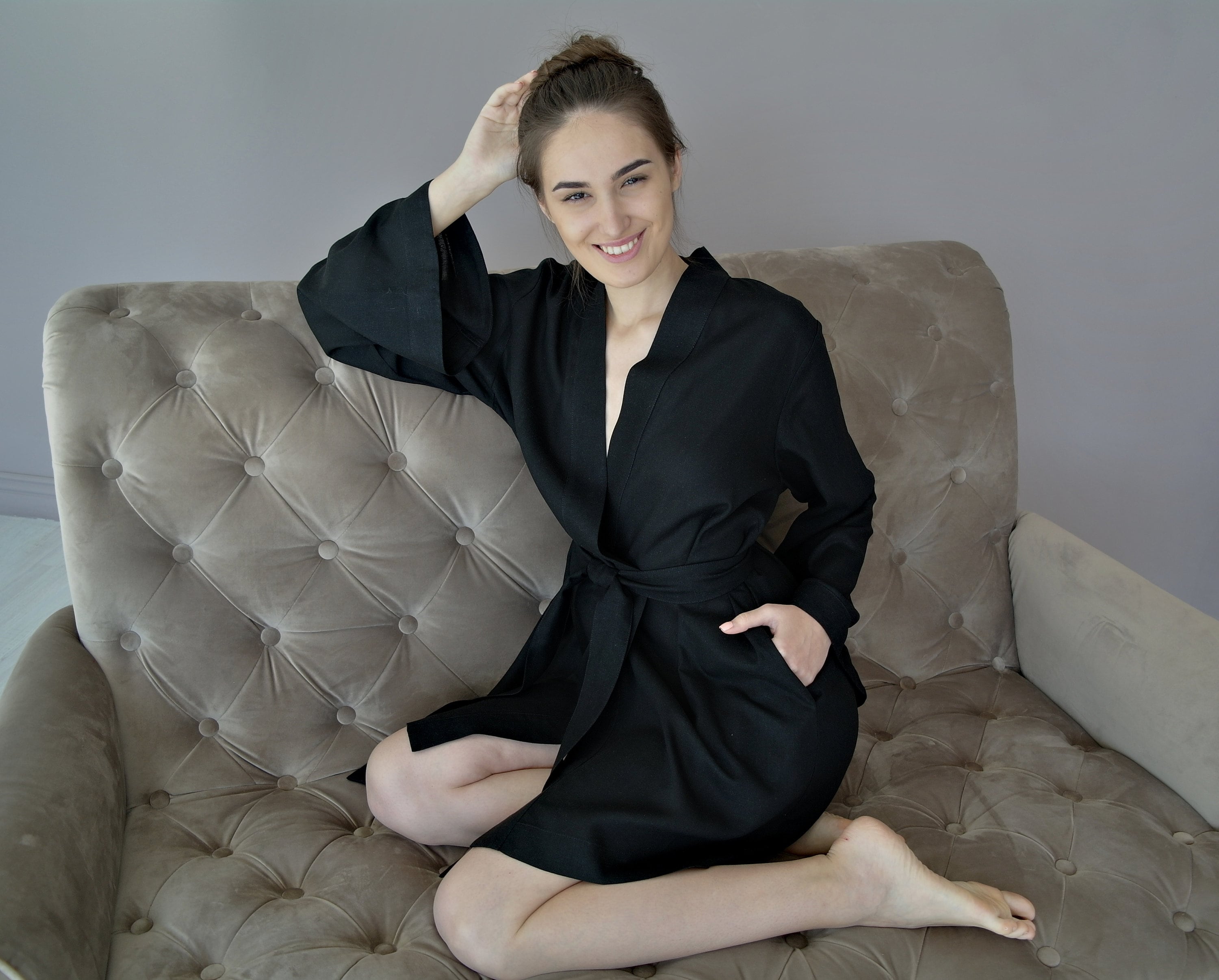 LINEN ROBE WOMEN Women's Linen Robe Black Robe Short | Etsy