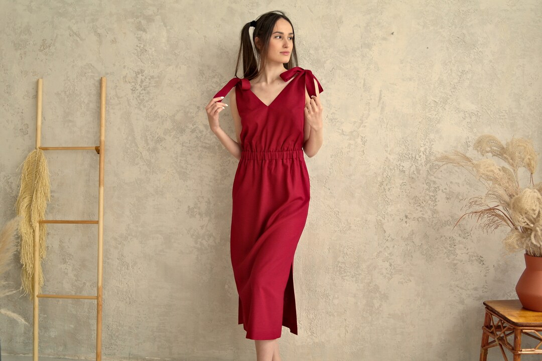 MIDI LINEN SUNDRESS, Backless Sundress, Wide Strap Slip Dress, Linen ...