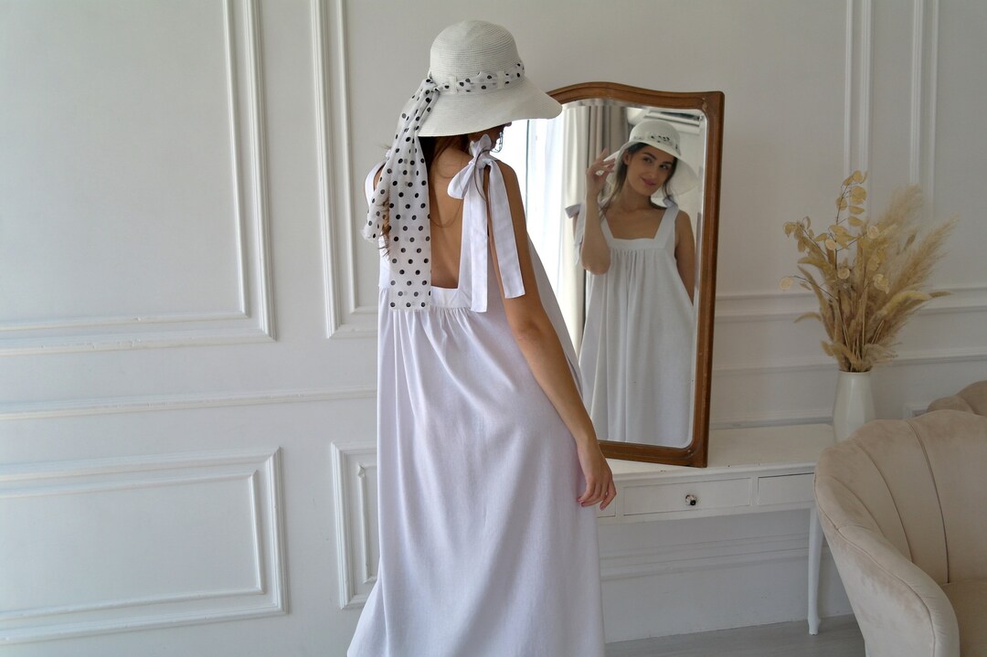 WHITE Linen Sundress Backless Sundress Wide Strap Slip - Etsy