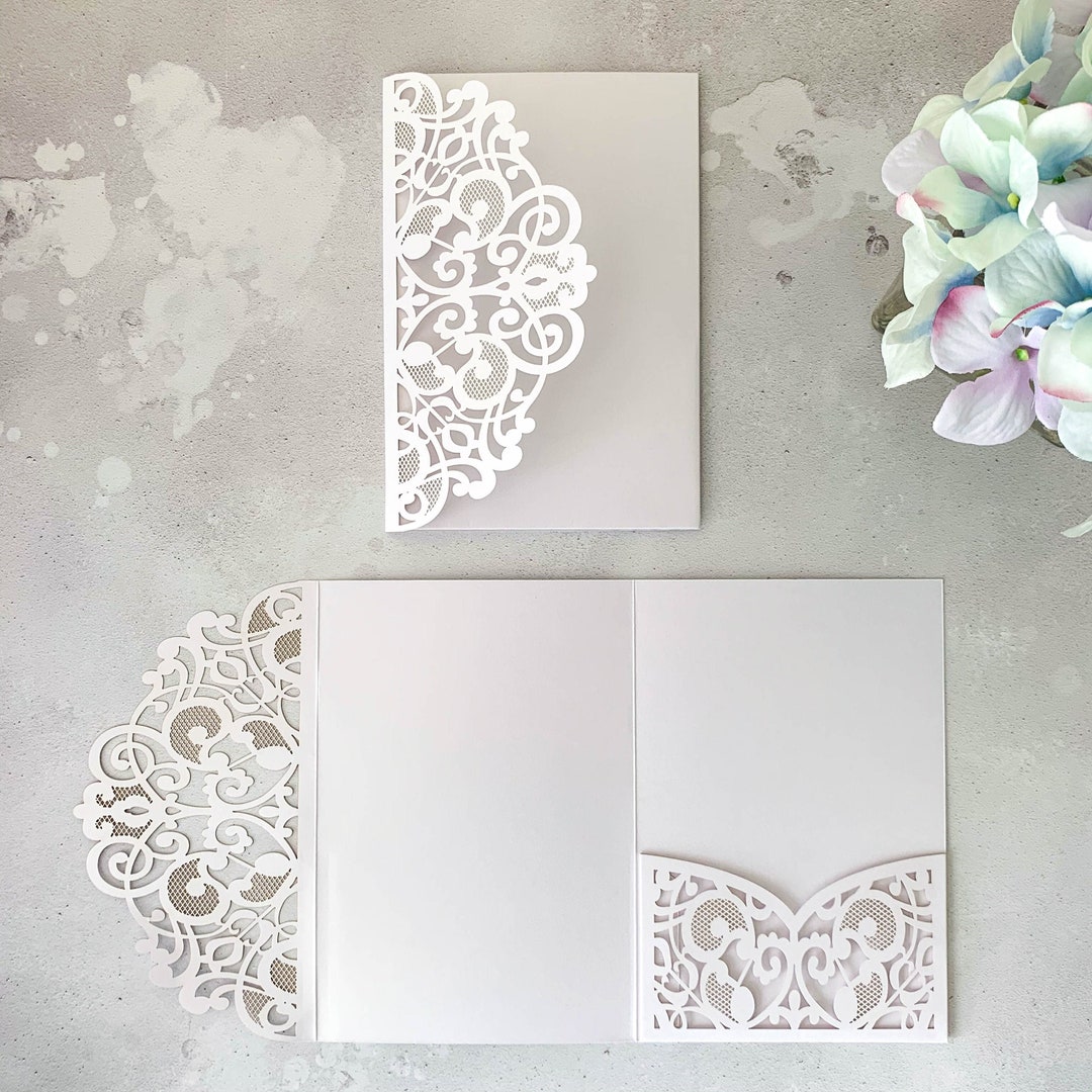 Elin White Laser Cut Invitation Blank DIY Wedding Invitation Pocket ...