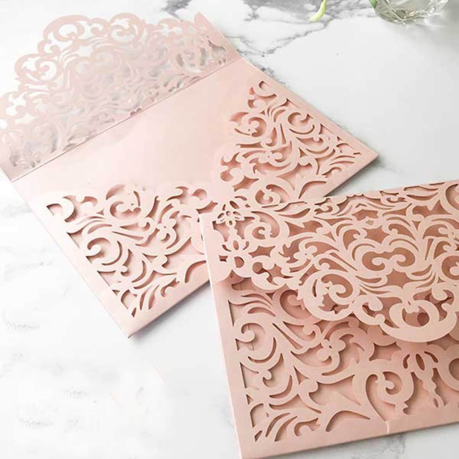 Filigree Pocket Fold Laser Cut Wedding Invitation in Blush Pink ...