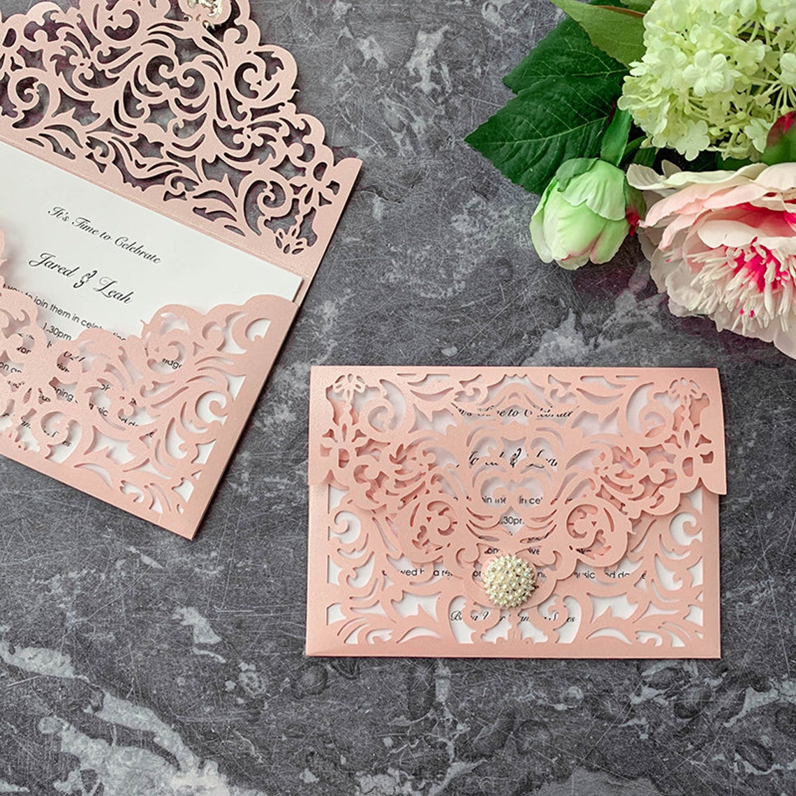 Filigree Pocket Fold Laser Cut Wedding Invitation in Blush Pink ...