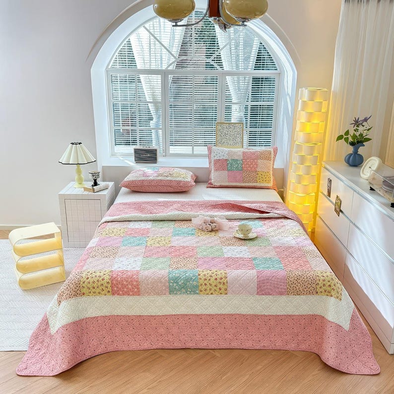 Colorful Cotton Quilt Bedspread , Quilted Coverlet Set, Lightweight ...