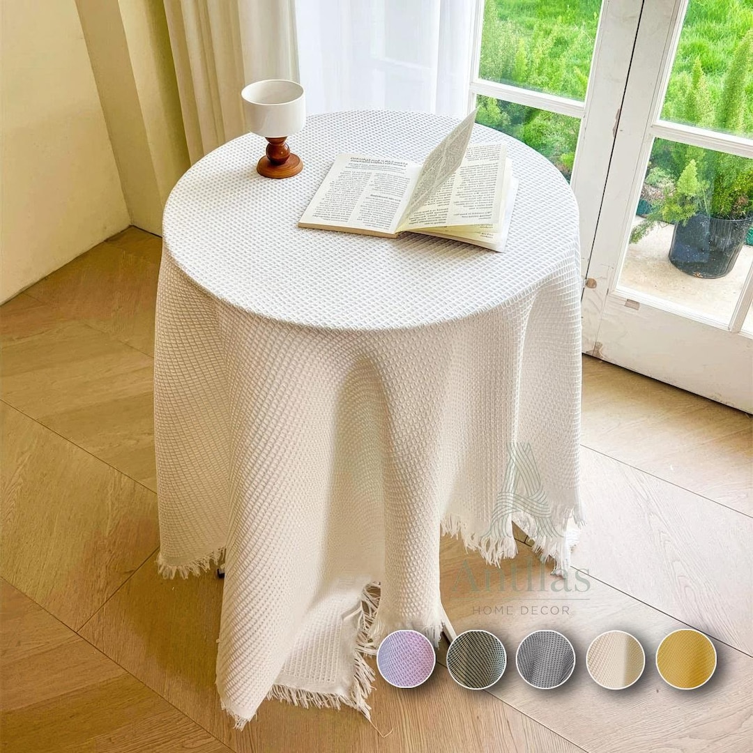 Rectangular Waffle Weave Tablecloth With Fringe, Cotton Blend Dining ...