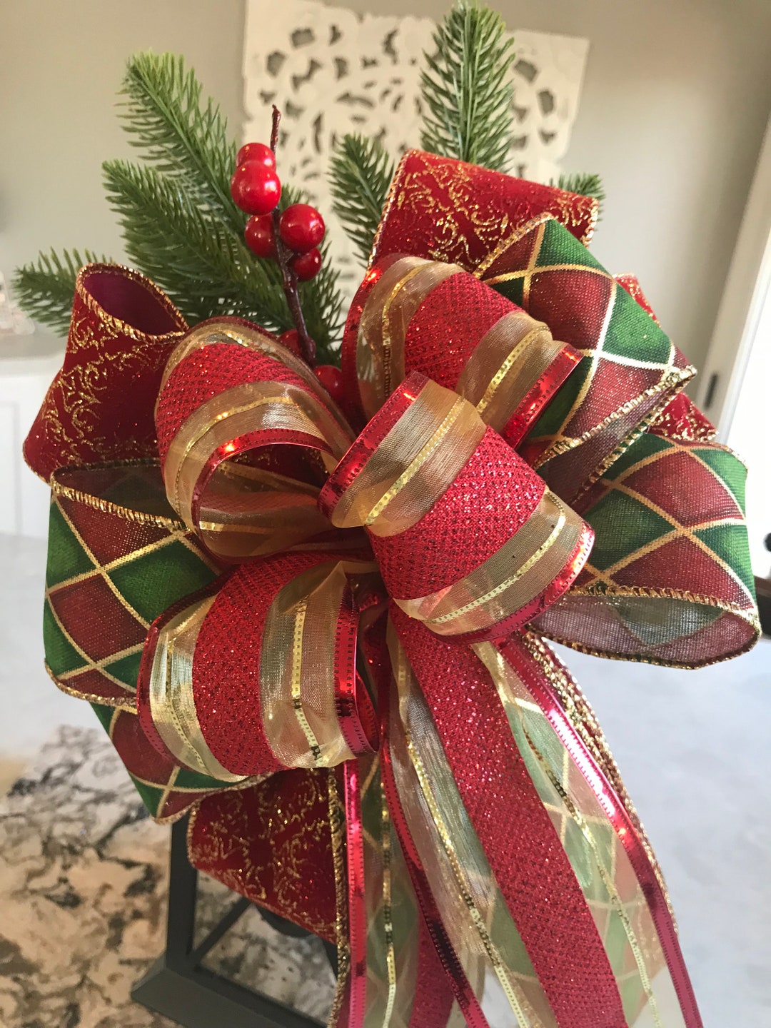 Christmas Bow With Greenery and Berries - Etsy