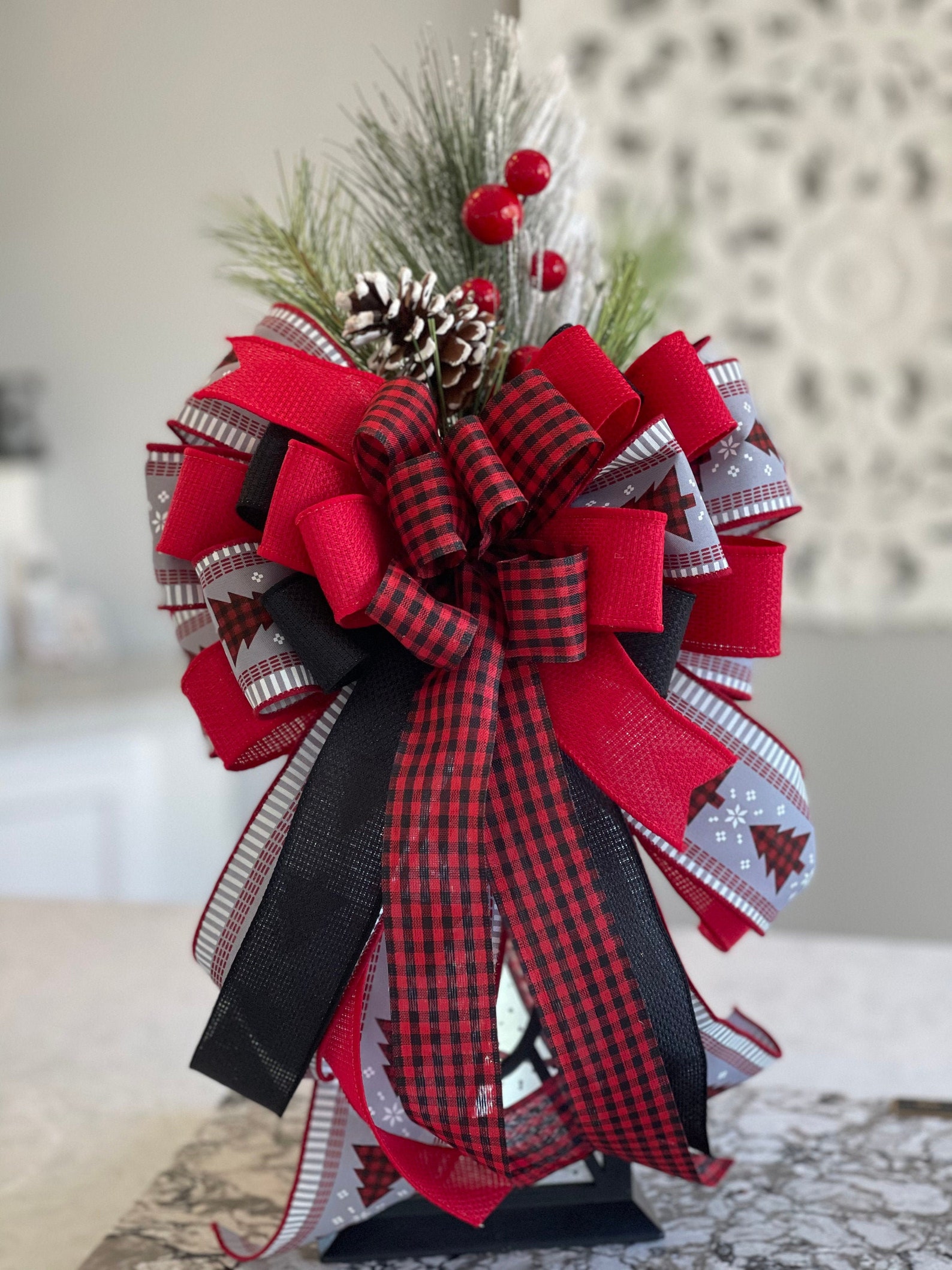 Christmas Bow, Christmas Bow With Berries and Pinecone, Holiday Bow ...