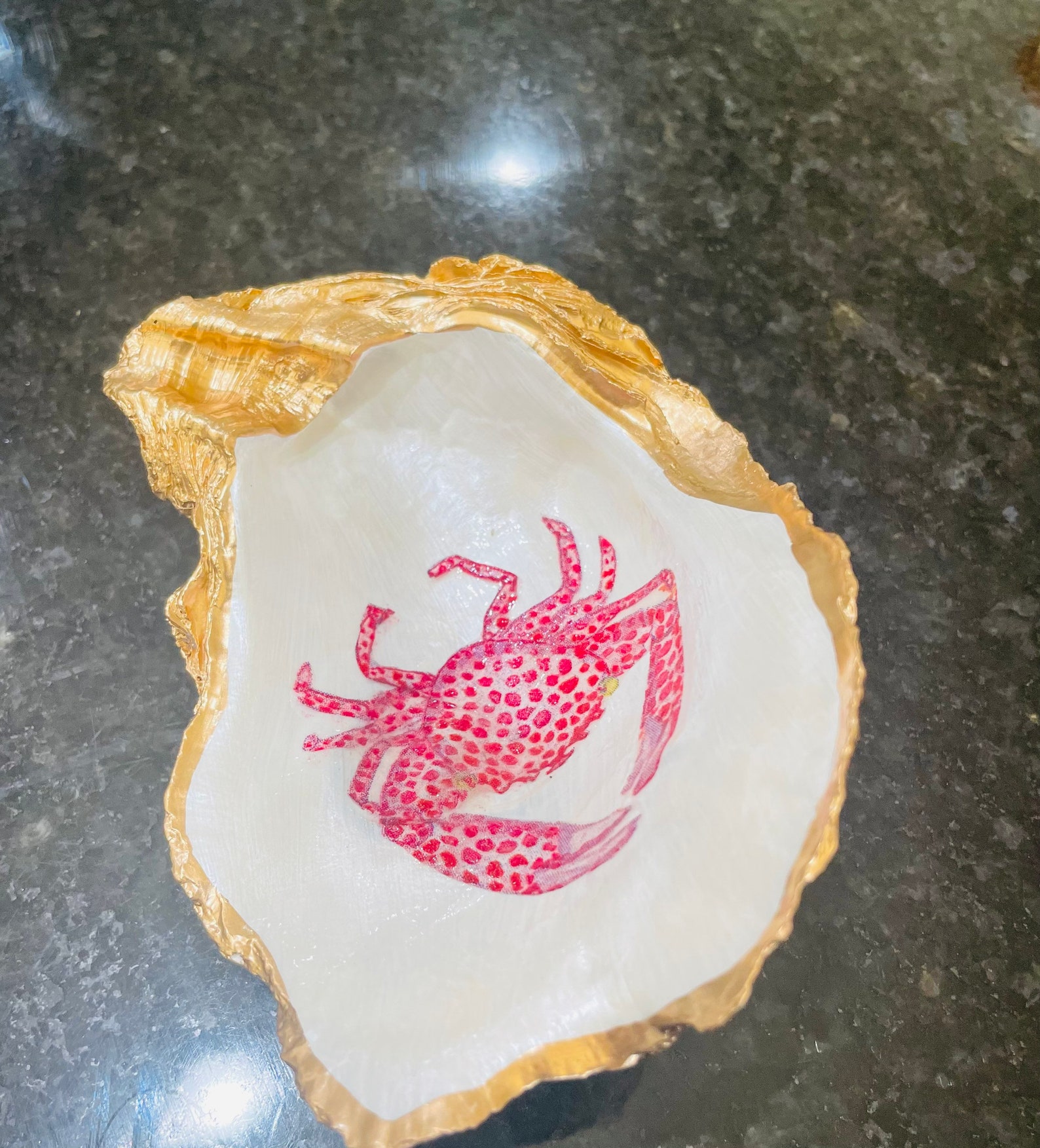 Oyster Shell Trinket Dish: Pink Crab Jewelry Dish, Shell Art, Crab Art ...