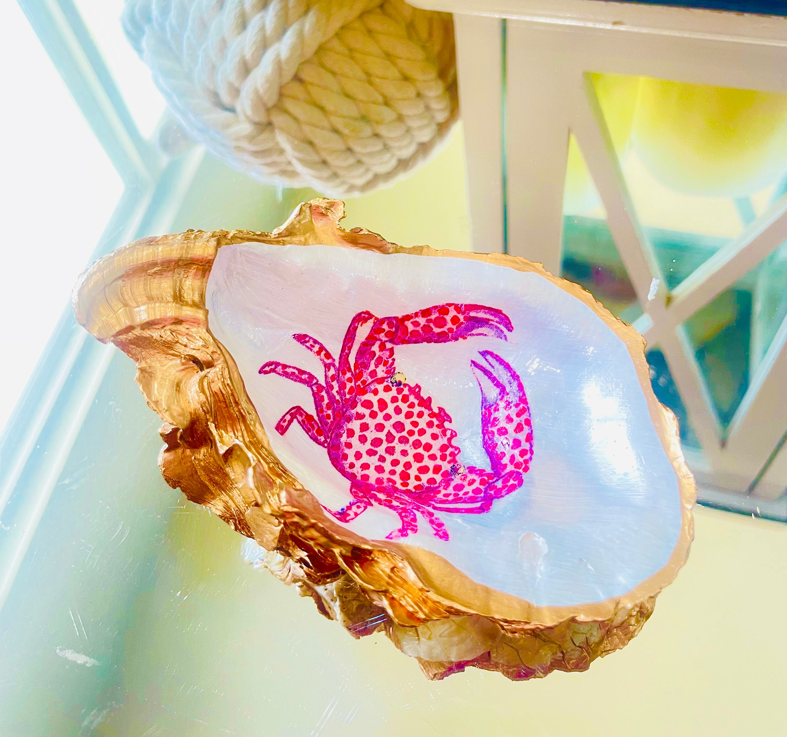 Oyster Shell Trinket Dish: Pink Crab Jewelry Dish, Shell Art, Crab Art ...
