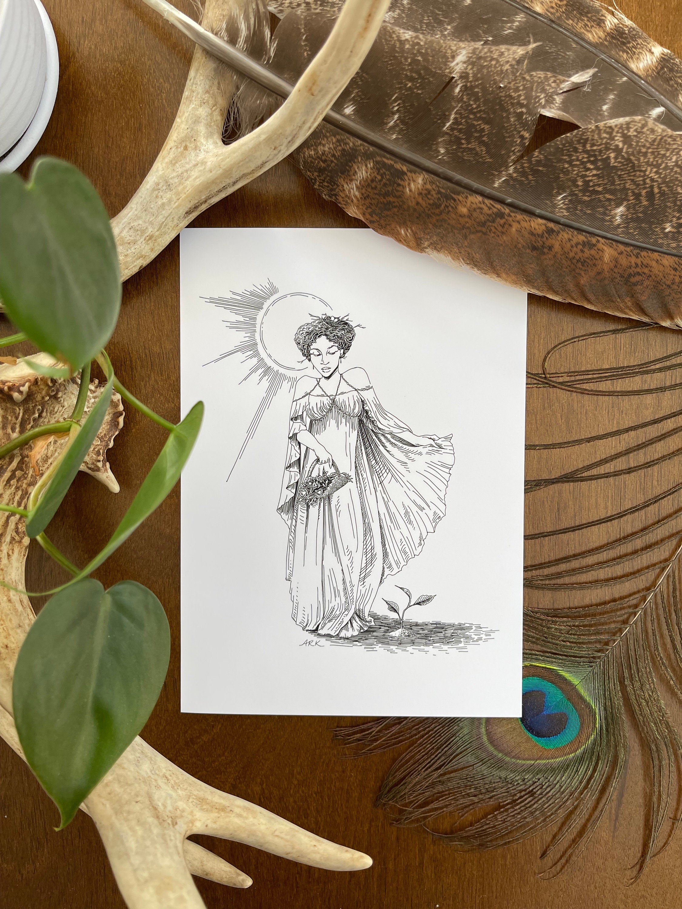 Persephone Spring Flowers Medieval Line Art Pen Drawing - Etsy