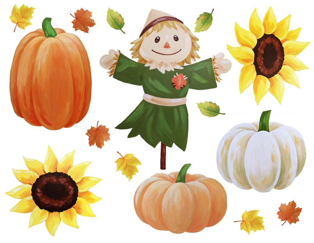 Fall Scarecrow, Pumpkins & Sunflowers Vinyl Window Stickers, Autumn ...