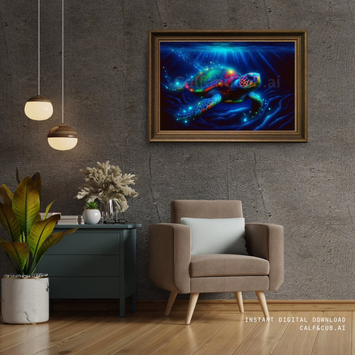 Sea Turtle Print AI Generated Art Under Water Printable Poster Image ...