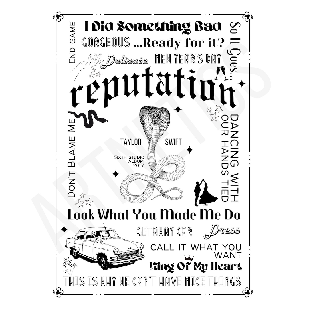 Reputation / Taylor Swift / Tracklist Poster / Black and White Version ...