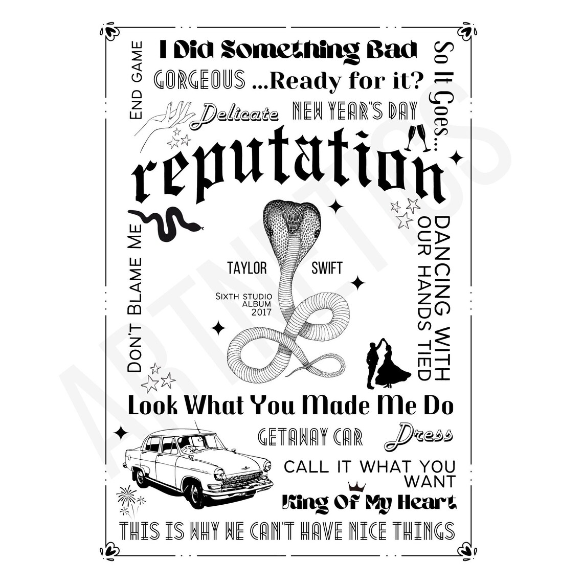 Reputation / Taylor Swift / Tracklist Poster / Black and White Version ...