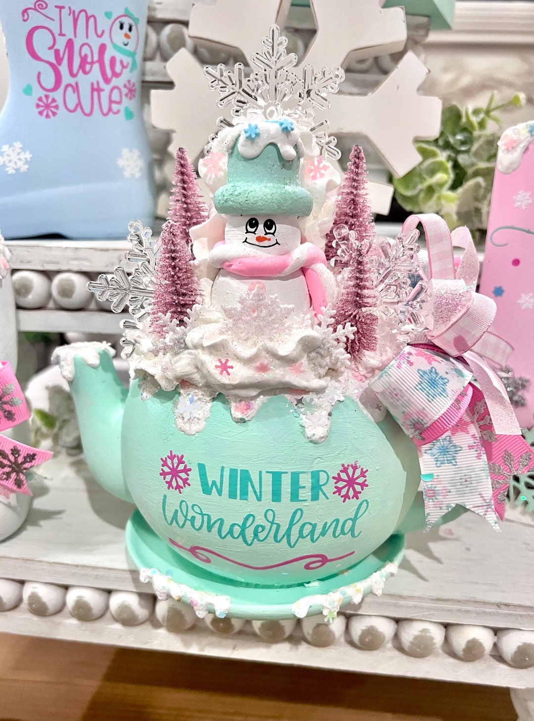 NEW Pastel Winter Wonderland Mini Tea Pot / Tiered Tray Decor / Winter ...