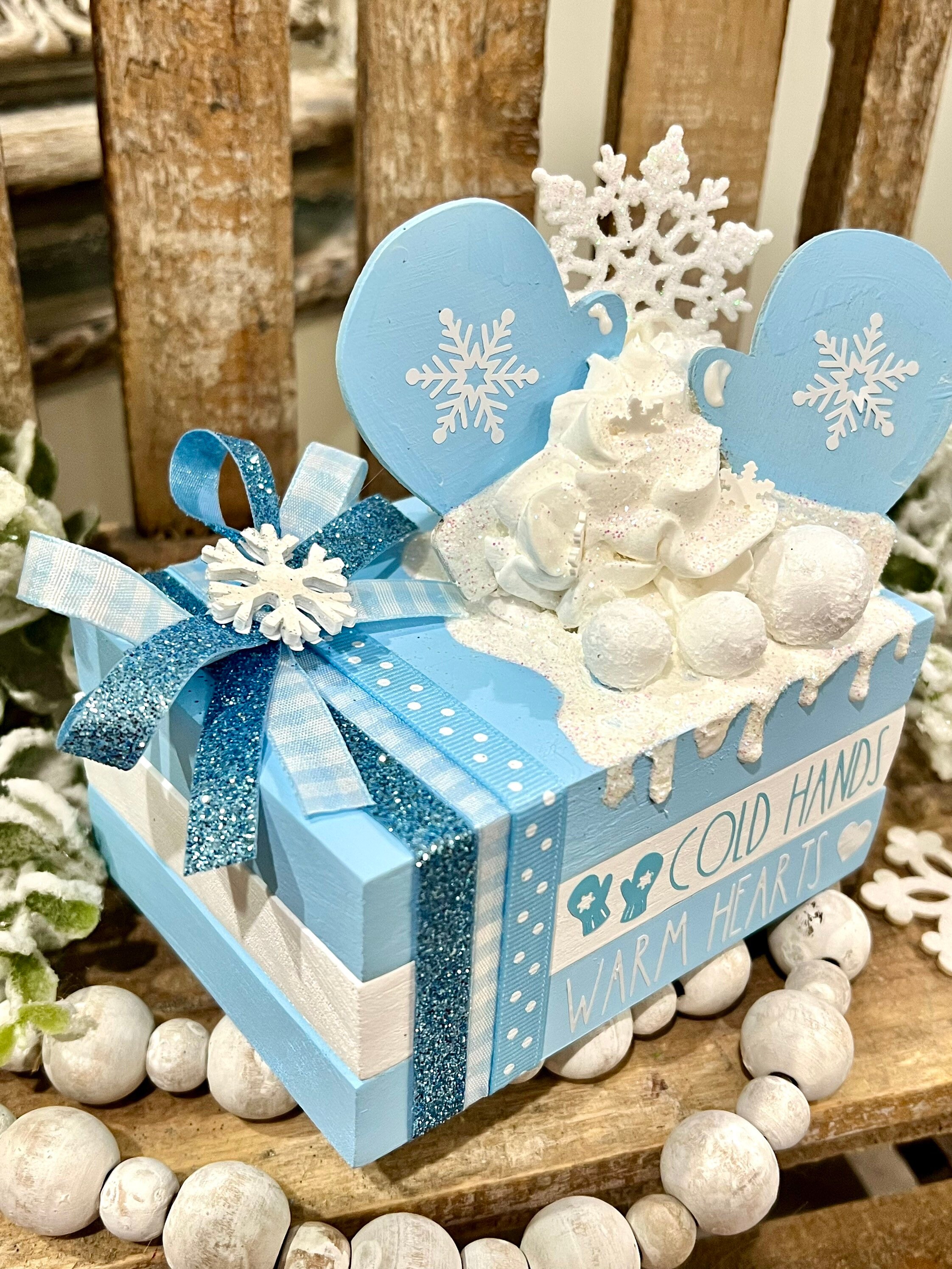 Winter Mini Book Stack / Mitten and Snow / Winter Tiered Tray - Etsy