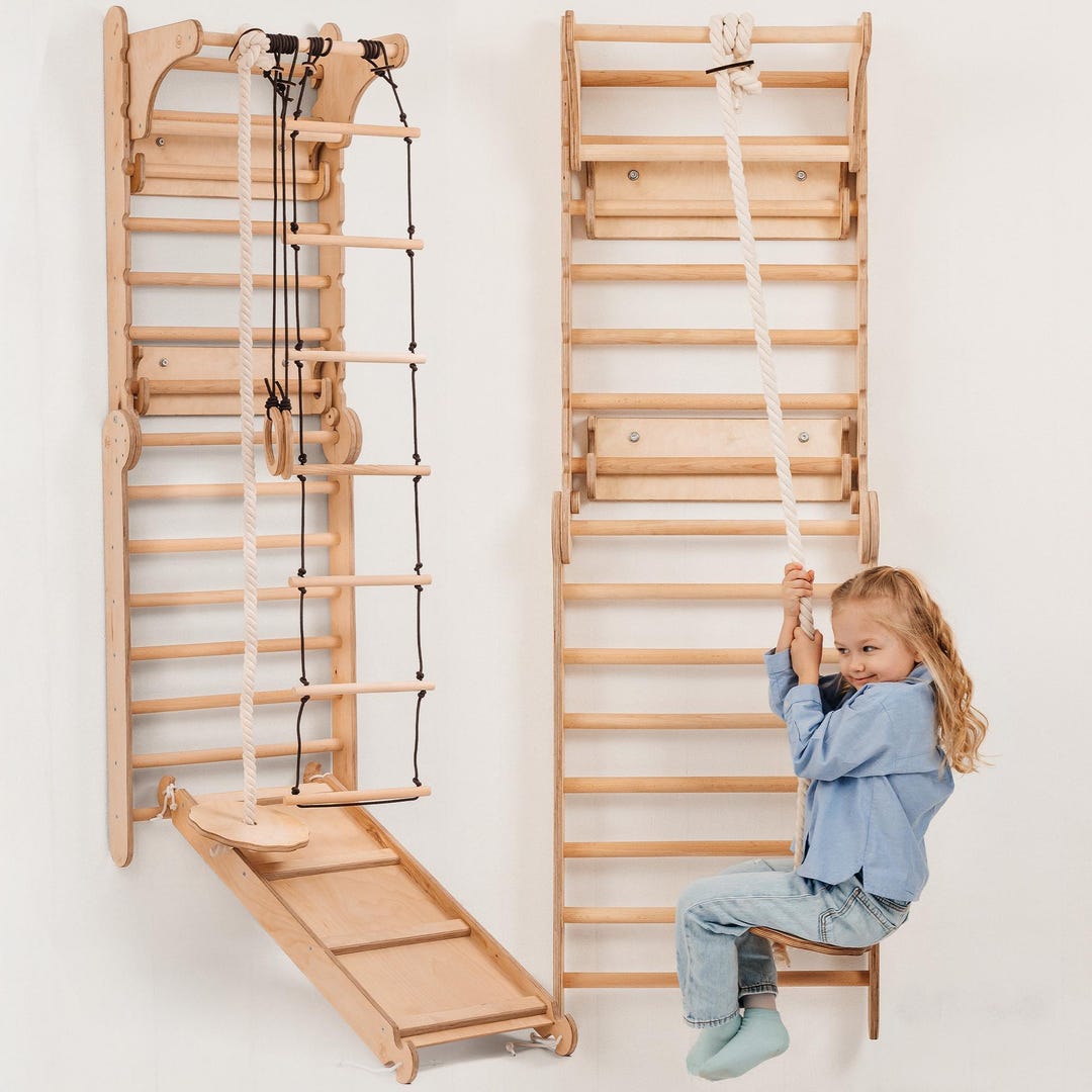 Wood Climbing Gym: Kids Swedish Ladder, Slide, and Swing, Indoor ...