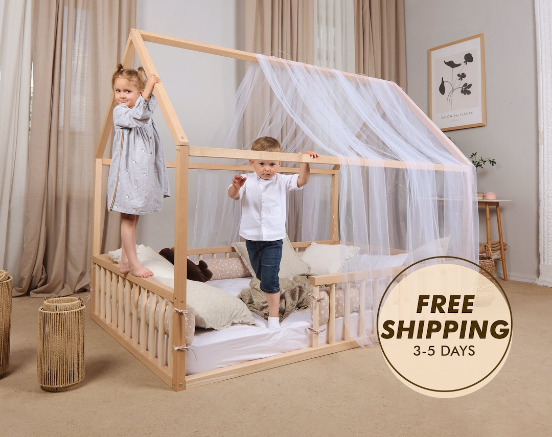 Montessori Bed With House Bed Canopy, Toddler Floor Bed, Kids Playhouse ...