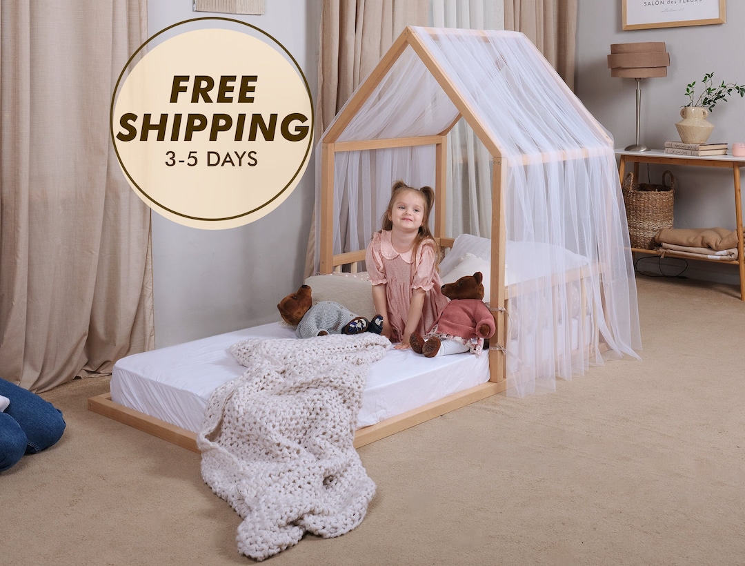 Montessori Toddler Bed With Canopy, Montessori Kids Floor Beds-houses ...