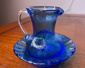 Vintage Blue Glass Pitcher With Clear Handle - Etsy