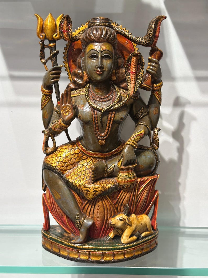 12 Inches Teakwood Gold Meenakari Lord Shiva Statue for Home Decor ...